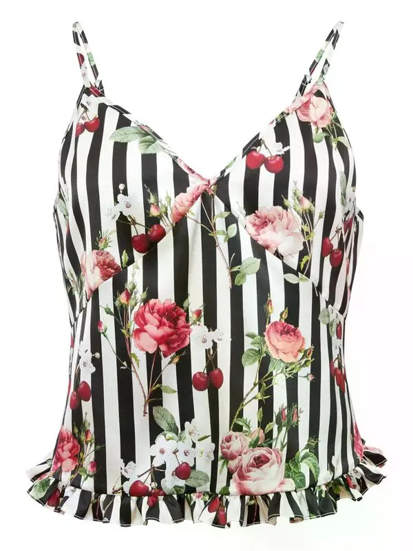 FLEUR DU MAL Printed Ruffled Tank Top - Black