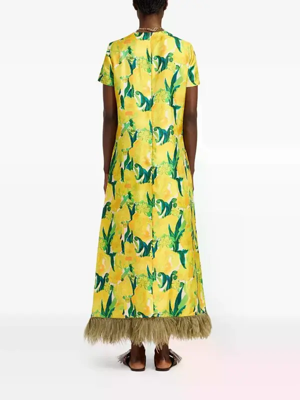 La DoubleJ Maxi Dress With Feather Trim - Yellow
