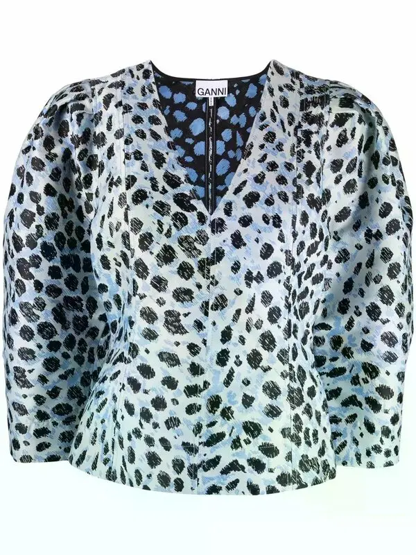 GANNI Leopard-print Puff-sleeve Top - Blue