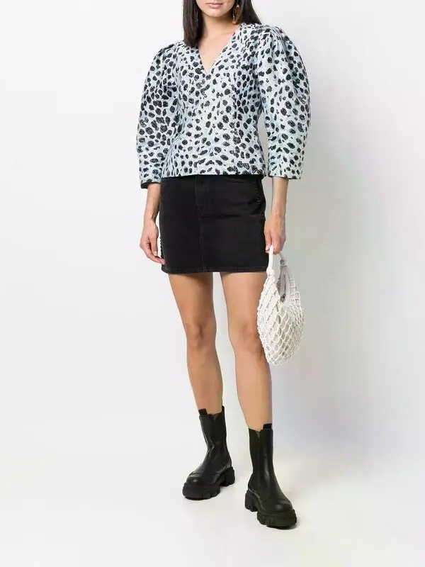 GANNI Leopard-print Puff-sleeve Top - Blue