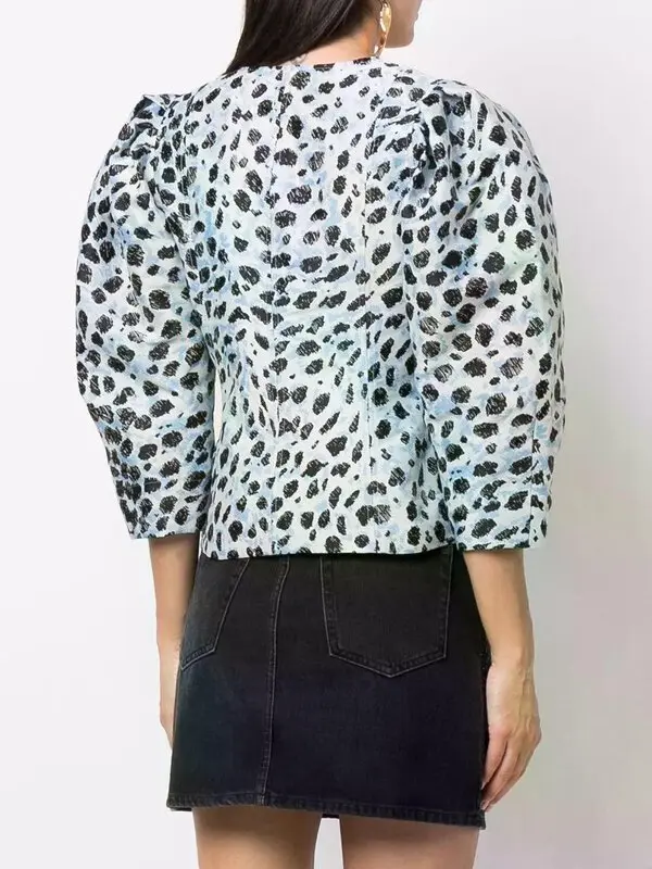 GANNI Leopard-print Puff-sleeve Top - Blue