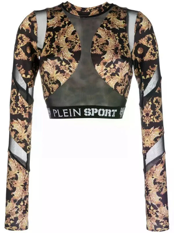 PLEIN SPORT Baroque-print Long-sleeved Crop Top - Black