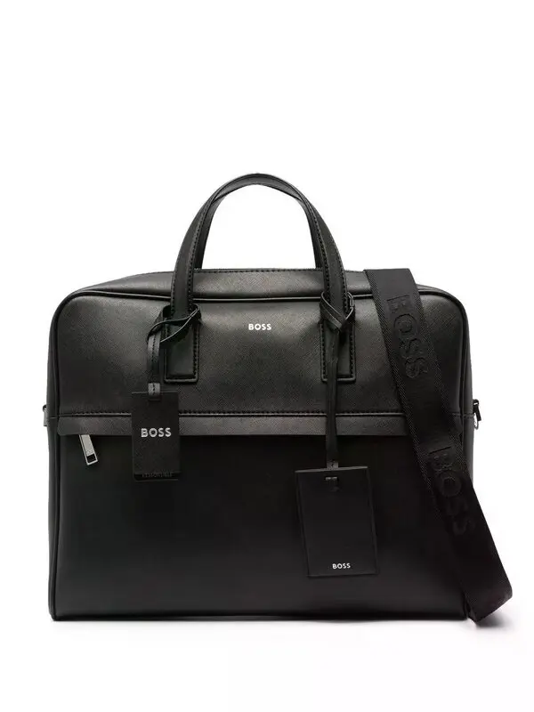 BOSS Logo-stamped Leather Laptop Bag - Black