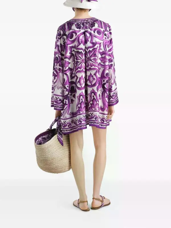 Dolce & Gabbana Long Sleeve Silk Mini Dress With Baroque Print