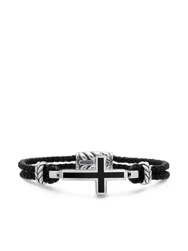 David Yurman Sterling Silver And Onyx Cross Leather Bracelet - Black
