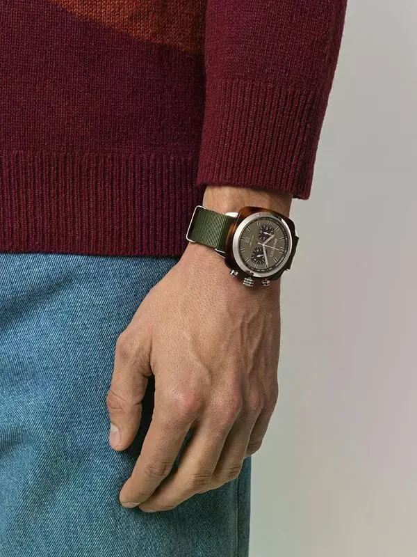 BRISTON Chronograph Watch With Tortoiseshell Acetate Case And Nato Strap - Silver