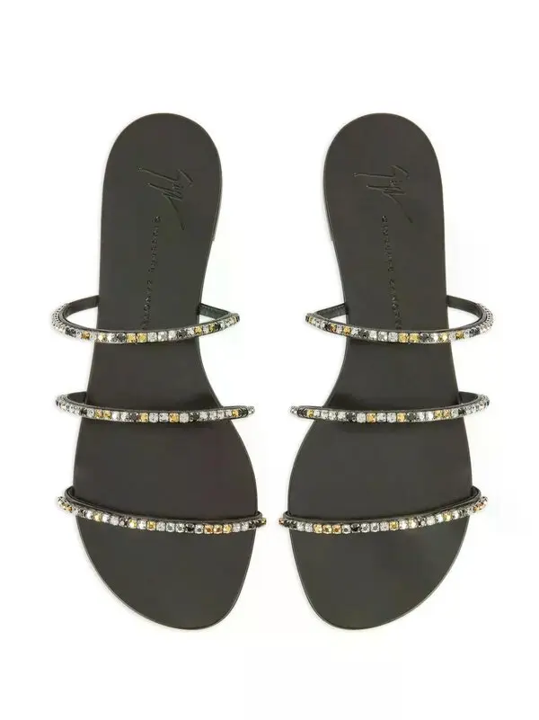 GIUSEPPE ZANOTTI Embellished Leather Flat Sandals - Black