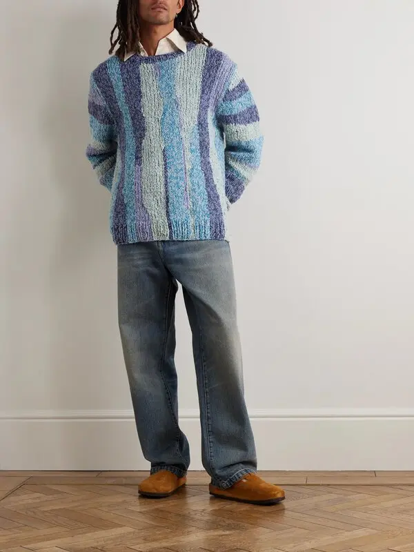 THE ELDER STATESMAN Striped Crocheted Organic Cotton Sweater