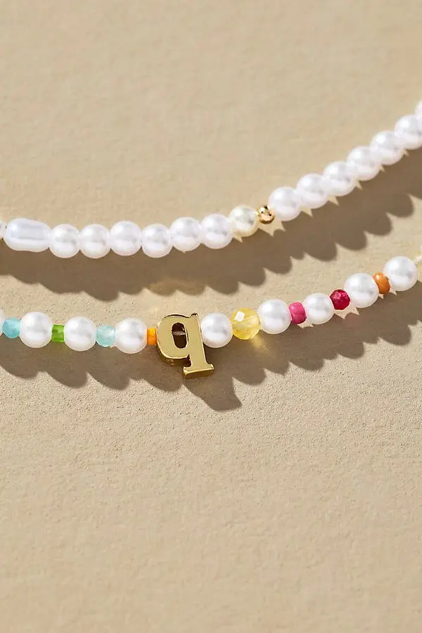 Anthropologie Pearl And Beaded Monogram Necklaces Set - Q