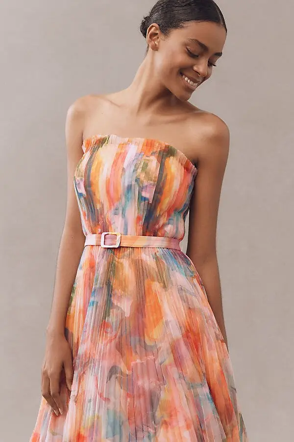 Hutch Strapless Belted Chiffon Floral Maxi Dress In Technicolor Watercolor  - 30% Off | Editorialist