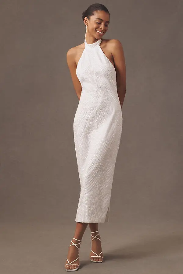 ANNE BARGE Halter Sequin Slim Midi Dress