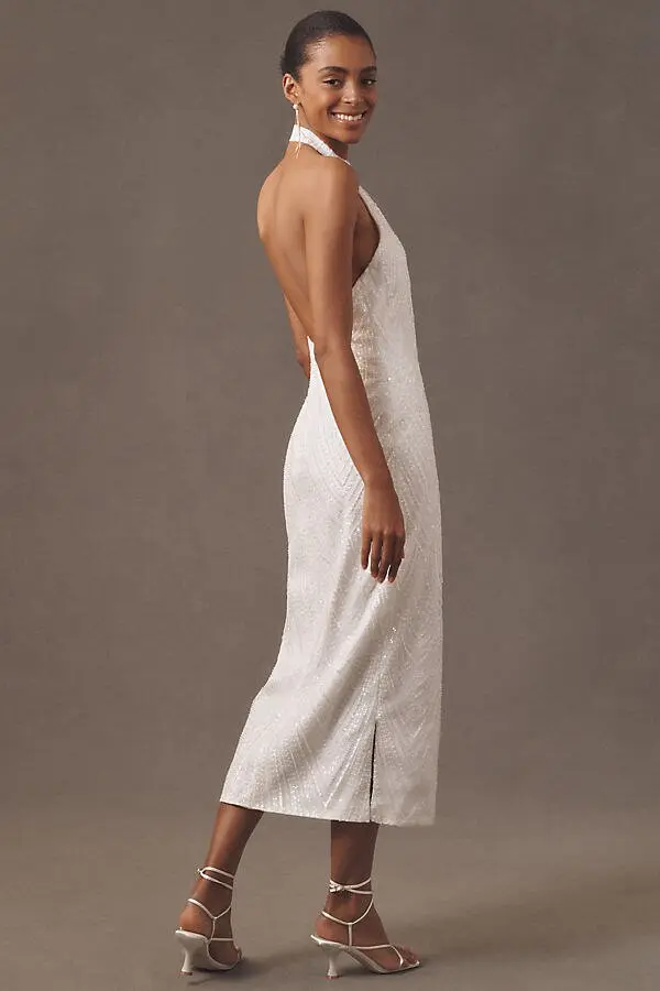ANNE BARGE Halter Sequin Slim Midi Dress