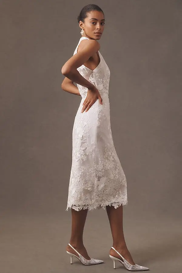 ANNE BARGE Embroidered Lace Halter Midi Dress