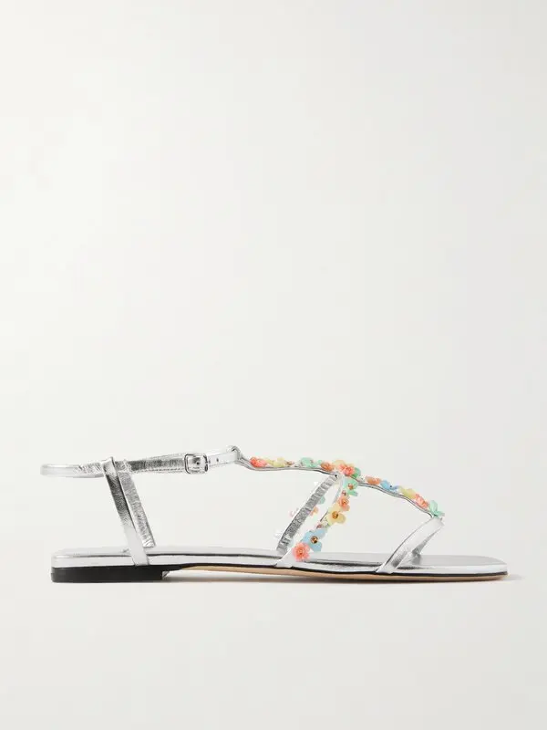 JIMMY CHOO Gwyn Bead-embellished Leather Sandals - Silver