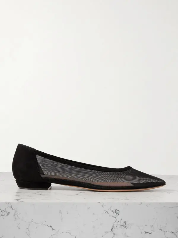 GIANVITO ROSSI Suede-trimmed Mesh Point-toe Flats