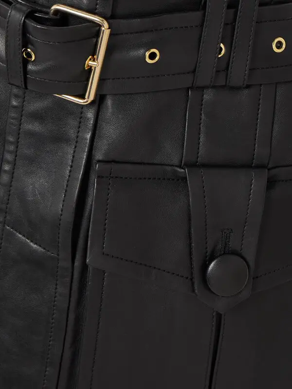 Balmain Belted Paneled Leather Mini Skirt