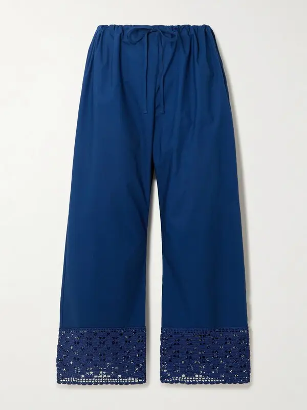 Calle Del Mar Heirloom Crochet-trimmed Cotton-poplin Wide-leg Pants - Blue