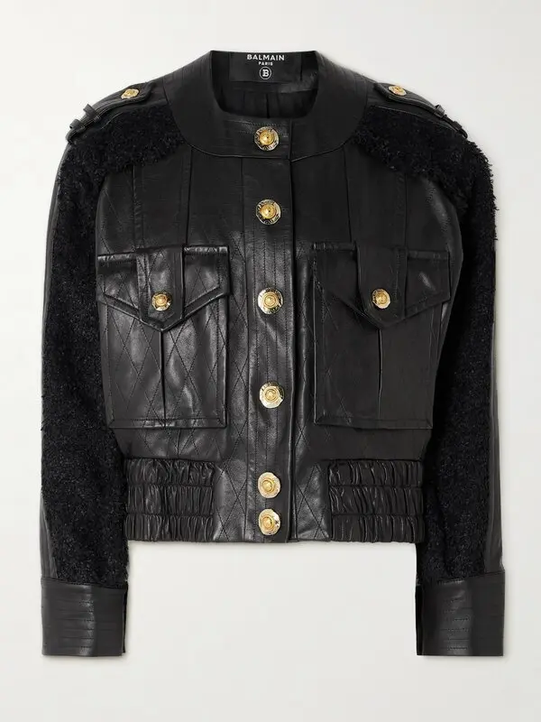 Balmain Quilted Leather And Tweed Bomber Jacket - Black