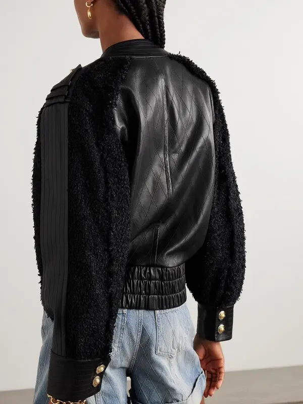 Balmain Quilted Leather And Tweed Bomber Jacket