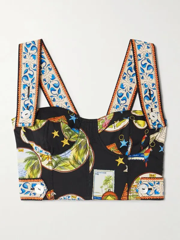Farm Rio Printed Cotton Bustier Top - Black