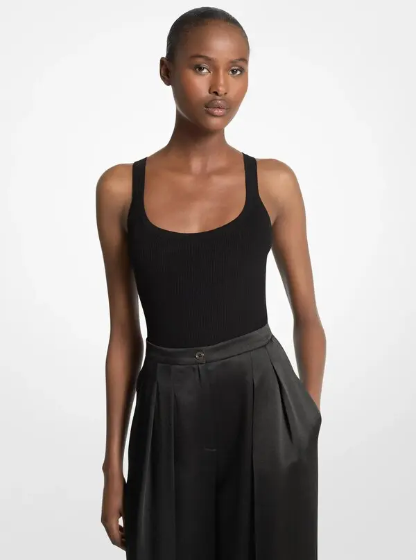 Michael Kors Ribbed Stretch Viscose Tank Top Bodysuit - Black