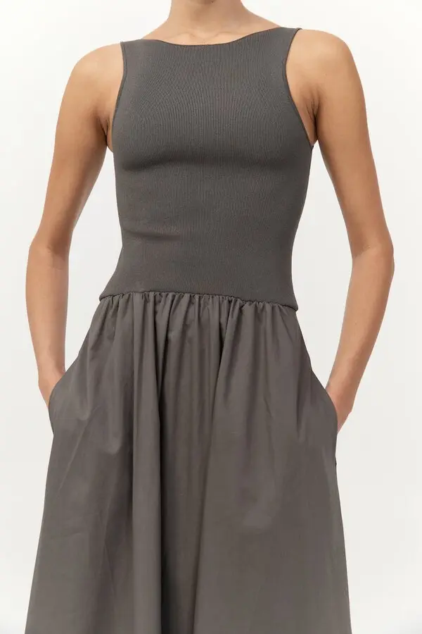 ST. AGNI Bateau Cut Out Dress - Khaki