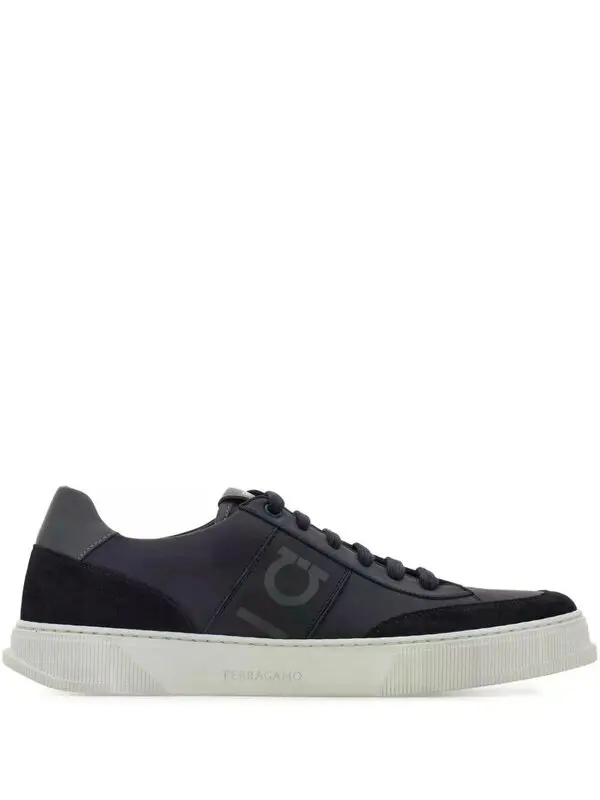 FERRAGAMO Leather And Suede Low-top Sneakers With Gancini Detail - Blue