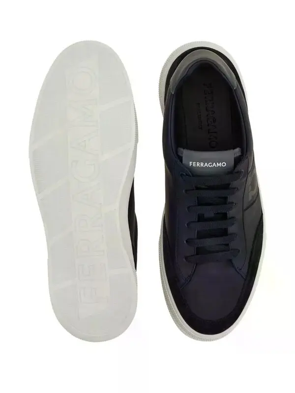 FERRAGAMO Leather And Suede Low-top Sneakers With Gancini Detail - Blue