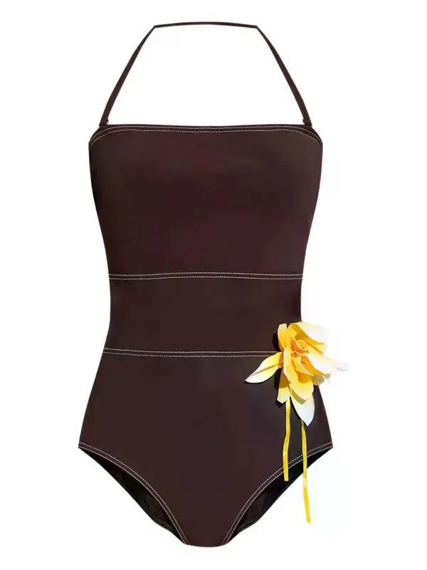 Tory Burch Halterneck Swimsuit With Floral Appliqu - Brown