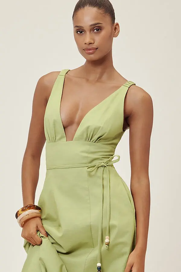 Lisa Says Gah Marissa Linen-Cotton Sleeveless Midi Dress In Olive - 70% Off  | Editorialist