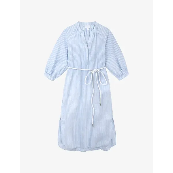 The White Company Belted-Waist Stripe-Print Linen Shirt Midi Dress In White/Blue  - 50% Off | Editorialist