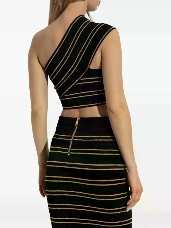 Balmain Striped One Shoulder Cropped Top