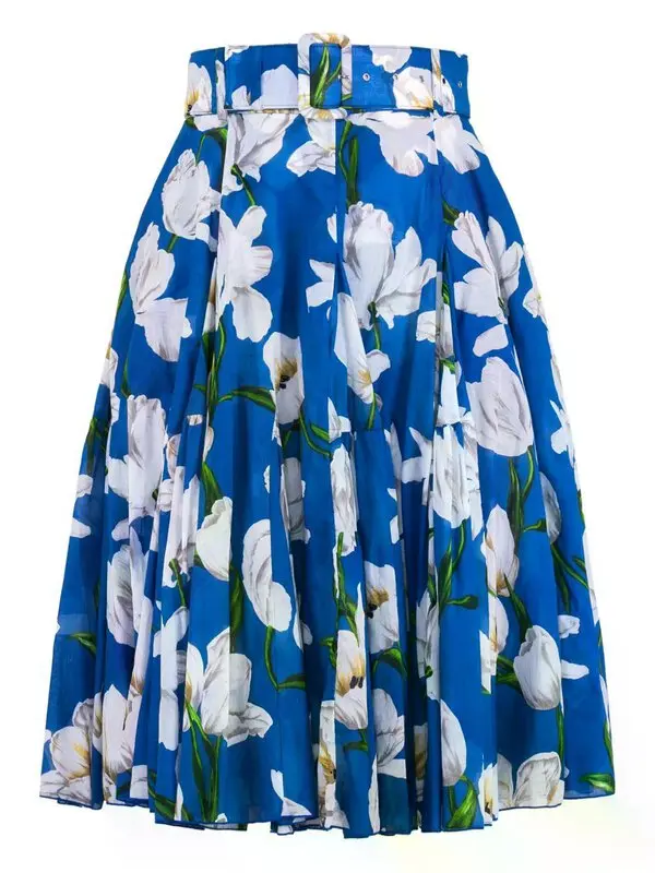 Samantha Sung Floral-patterned A-line Midi Skirt - Blue