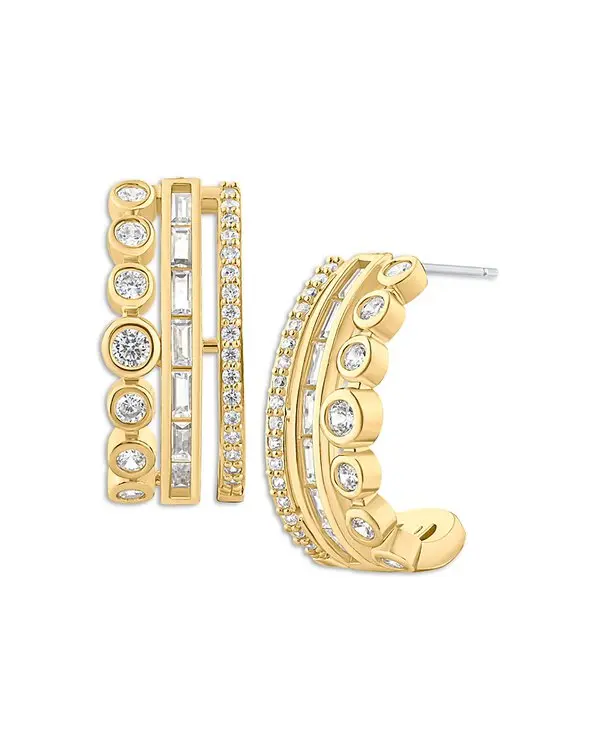 KENNETH JAY LANE Round, Baguette & Pave Cubic Zirconia Half Hoop Earrings - Gold