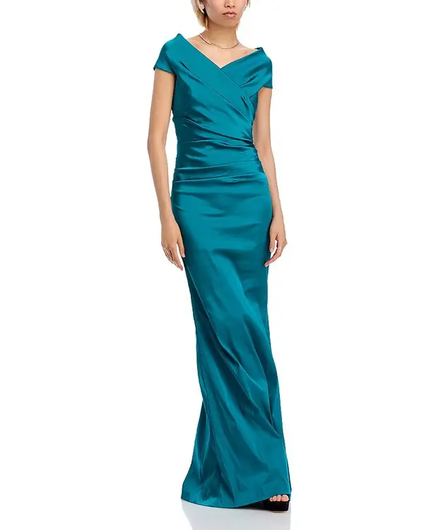 Rickie Freeman For Teri Jon Off-The-Shoulder Ruched Satin Gown - Teal |  Editorialist