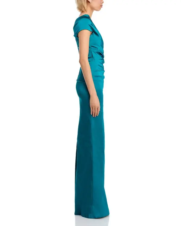 Rickie Freeman For Teri Jon Off-The-Shoulder Ruched Satin Gown - Teal |  Editorialist