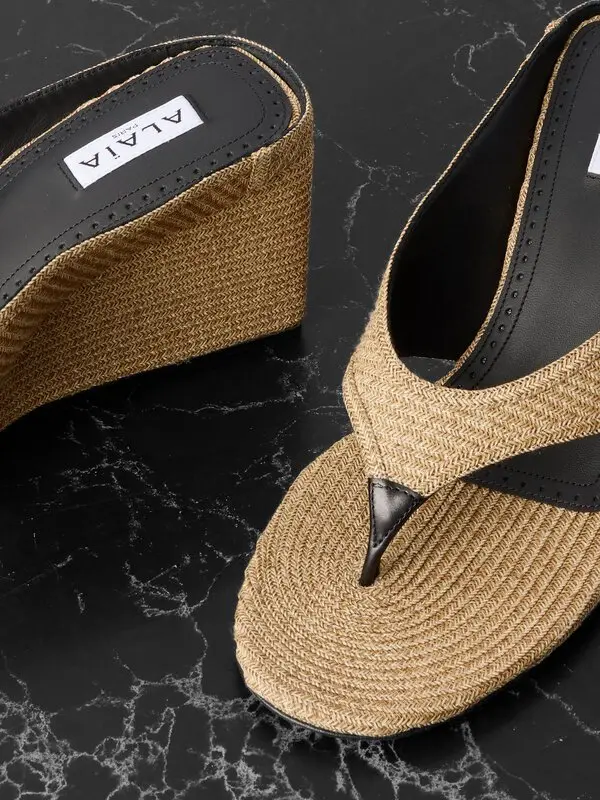 Alaïa Leather-trimmed Woven Raffia Wedge Sandals