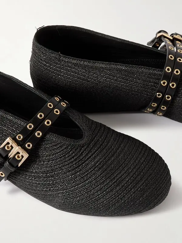 Alaïa Leather-trimmed Raffia Ballet Flats - Black