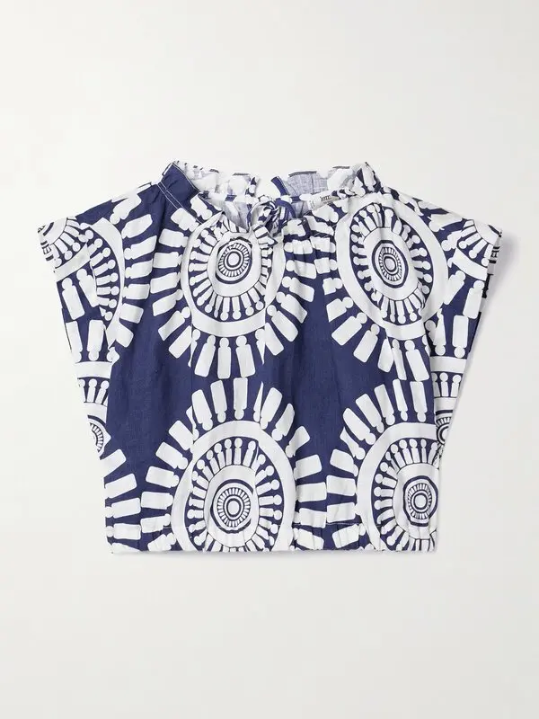 LEMLEM Muna Cropped Printed Linen Top - Blue