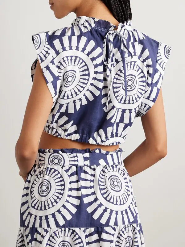 LEMLEM Muna Cropped Printed Linen Top - Blue