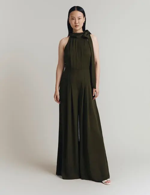 GHOST LONDON Myla Crepe Halter Neck Jumpsuit - Dark Green