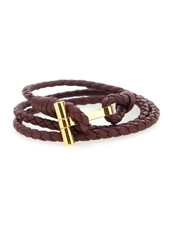TOM FORD Leather And Brass Intrecciato Bracelet - Red