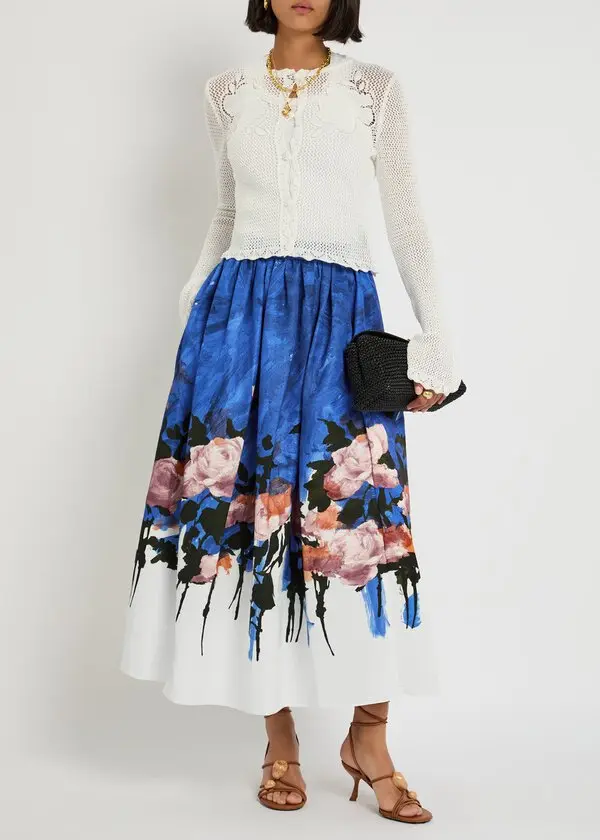 Erdem Printed Faille Midi Skirt