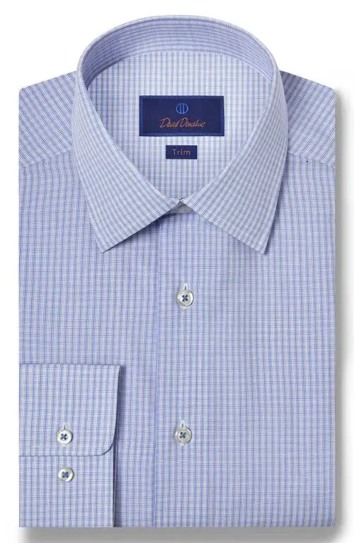 David Donahue Trim Fit Microcheck Cotton Dress Shirt - White/ Blue