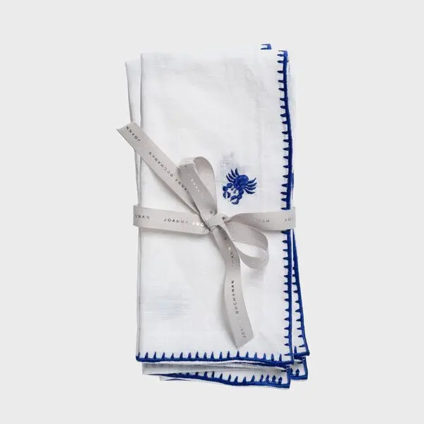 JOANNA BUCHANAN Crab Embroidered Dinner Napkins, White - Blue