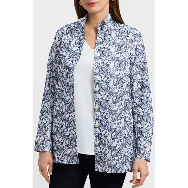 Foxcroft Carolina Floral Embroidered Cotton Button-up Shirt - White/navy