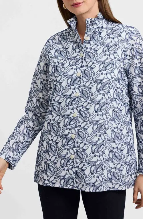 Foxcroft Carolina Floral Embroidered Cotton Button-up Shirt - White/navy
