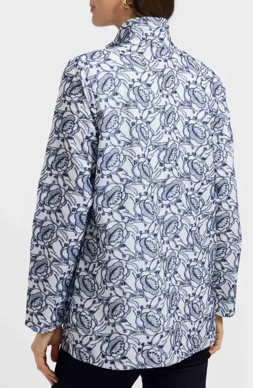 Foxcroft Carolina Floral Embroidered Cotton Button-up Shirt - White/navy