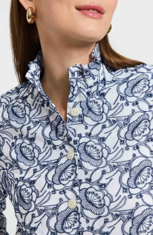 Foxcroft Carolina Floral Embroidered Cotton Button-up Shirt - White/navy
