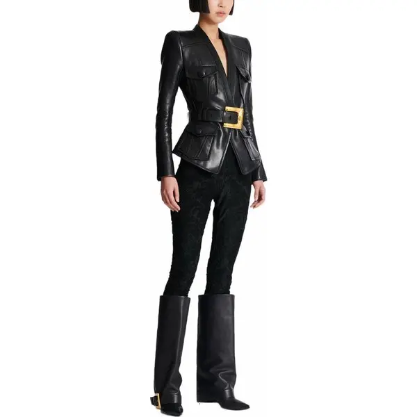 Balmain 1-button Belted Leather Jacket - Black